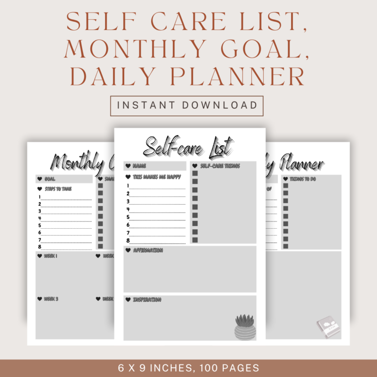 Self Care List, Monthly Goal, Daily Planner / Editable Canva Template ...